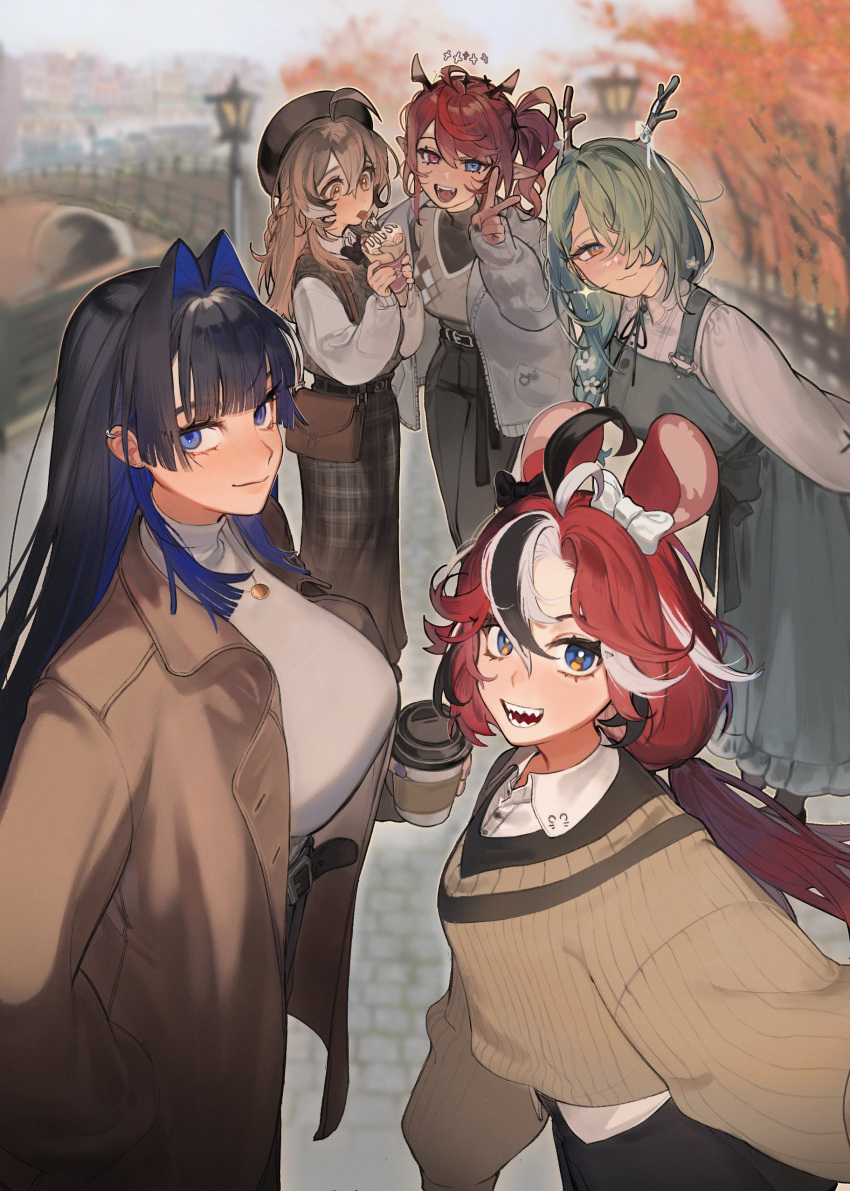 Safebooru - 5girls absurdres alternate costume alternate hairstyle animal ears antlers autumn ...