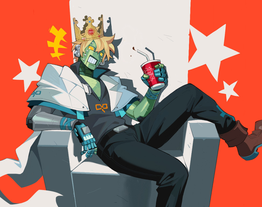 Safebooru - 1boy black pants blonde hair blue gloves brown footwear ...