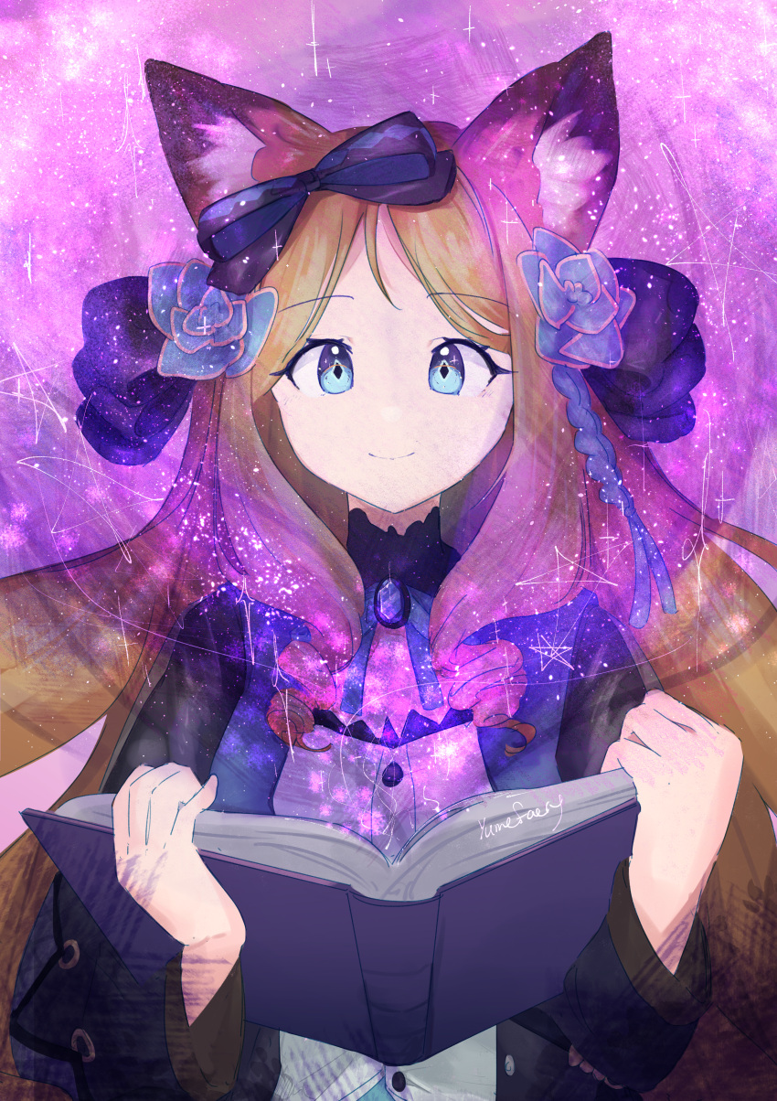 Safebooru - 1girl absurdres animal ears arknights blue bow blue eyes blue flower book bow brown ...