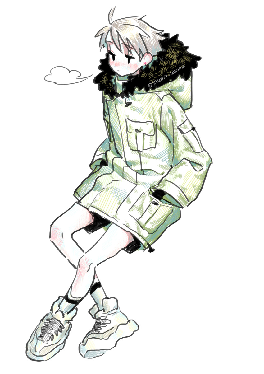 Safebooru - 1boy absurdres breath coat commentary request full body green coat grey hair hands ...