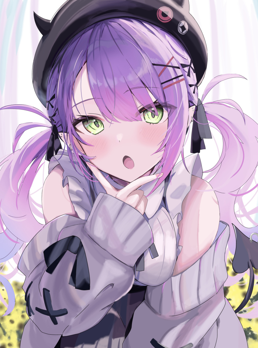 Safebooru - 1girl absurdres beret black hat black ribbon blush demon girl demon tail fang green ...