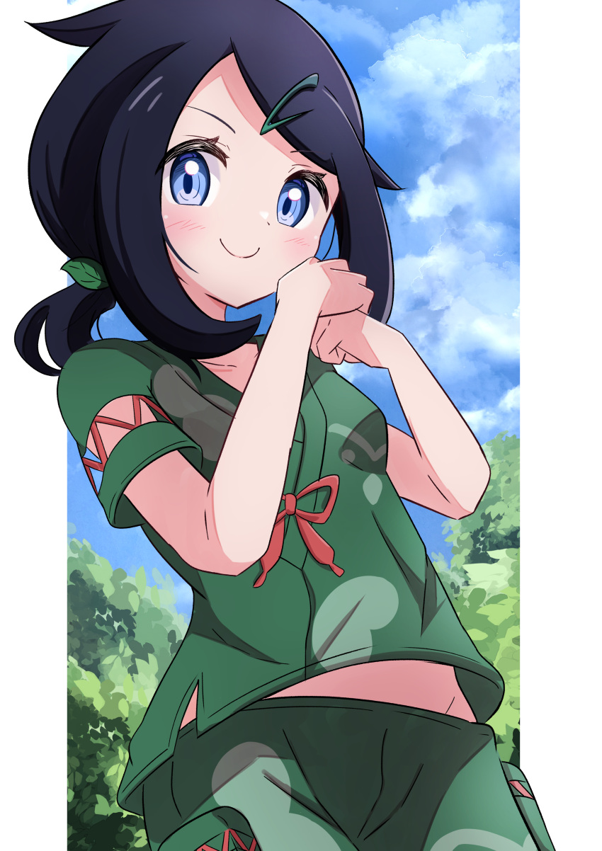Safebooru - 1girl absurdres alternate costume black hair blue eyes blue sky blush clouds green ...