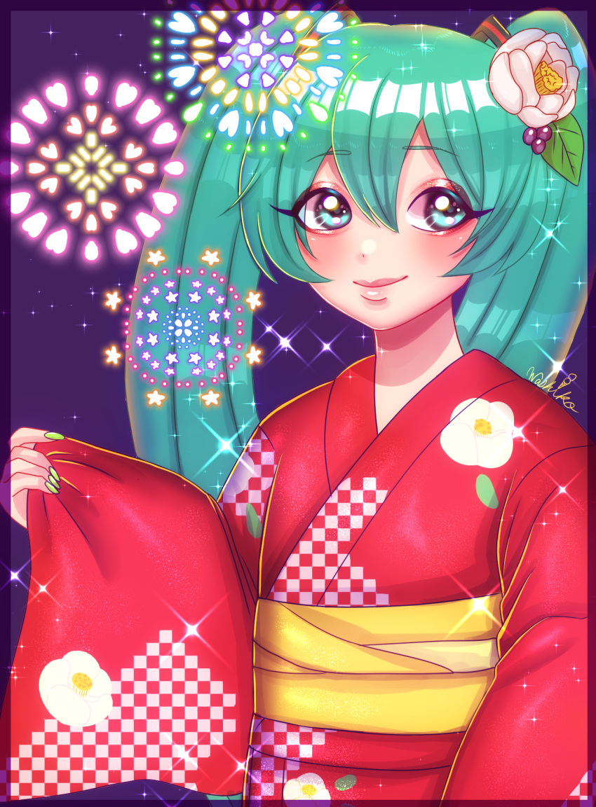 Safebooru 1girl Aqua Eyes Aqua Hair Commentary Fireworks Floral Print 1372
