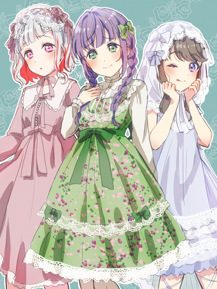 Safebooru - 3: 3girls :o ;p bow braid breasts brown hair closed mouth ...