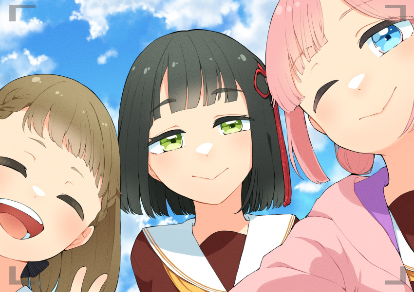 Safebooru - 3girls :d ;) ^ ^ absurdres anyoji hime black hair blue eyes blue sky blunt bangs ...