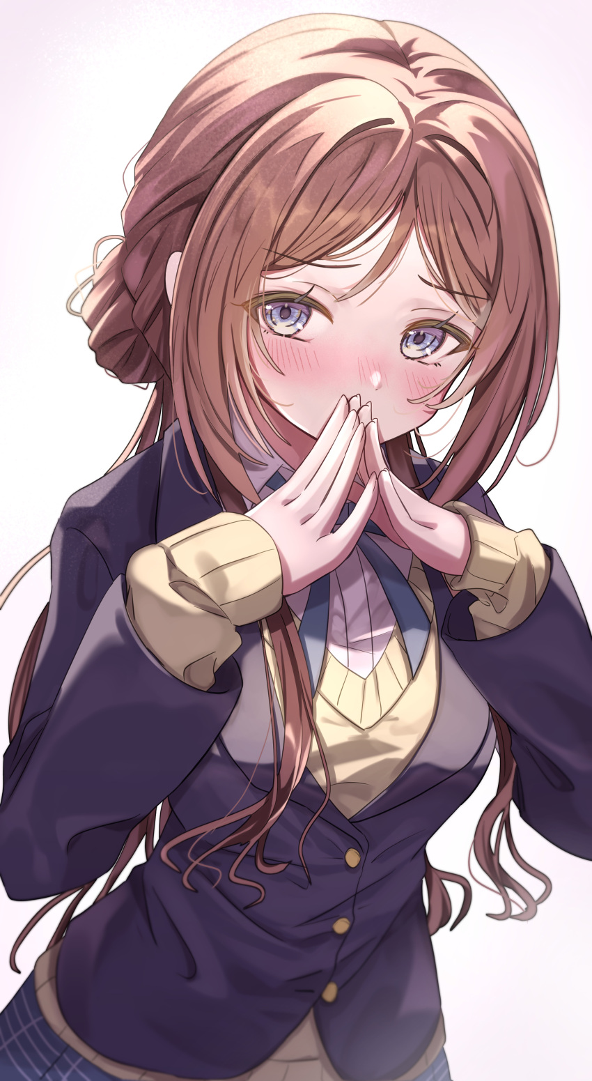 Safebooru - 1girl absurdres blazer blue eyes blue jacket blue ribbon blush brown hair gakuen ...