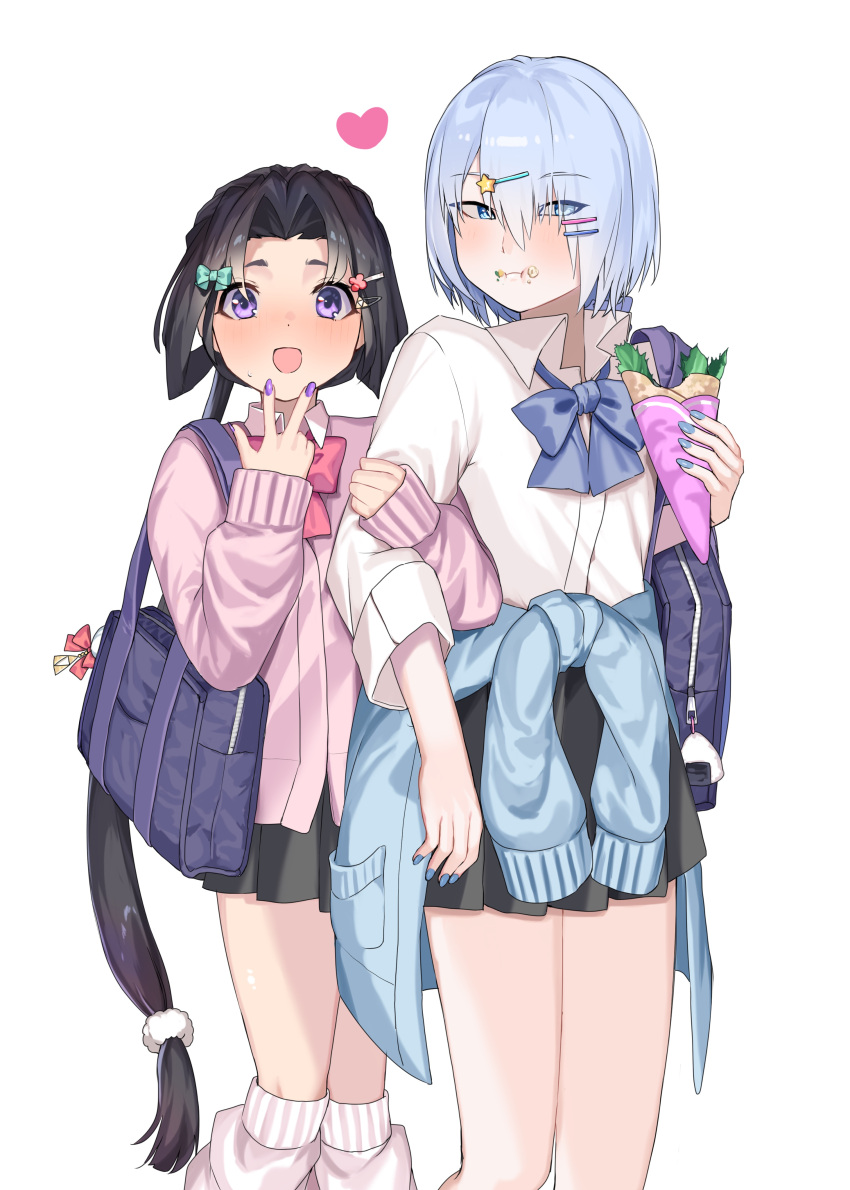Safebooru - 2boys :i absurdres bag black hair black skirt blue bow blue ...