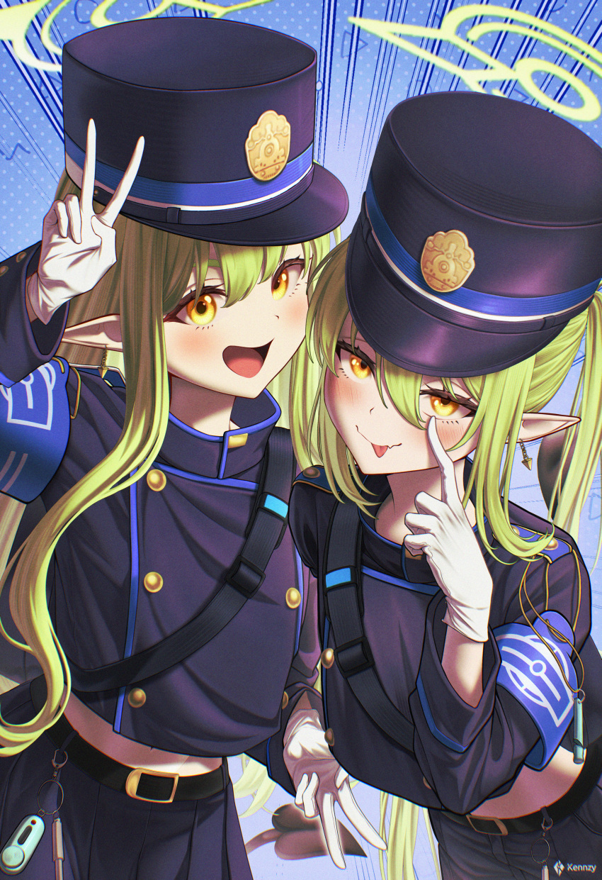 Safebooru - 2girls :d absurdres armband artist name belt black belt black hat black shirt black ...