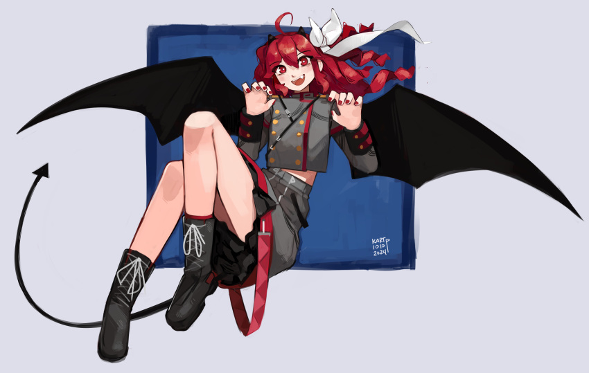Safebooru - 1girl absurdres ahoge alternate hairstyle artist name bat wings belt black footwear ...