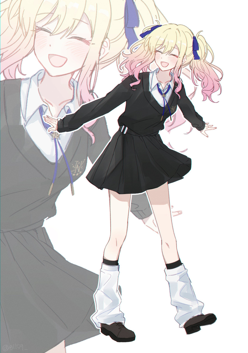 Safebooru - 1girl :d ^ ^ absurdres black skirt black sweater blonde hair blue ribbon blush bow ...