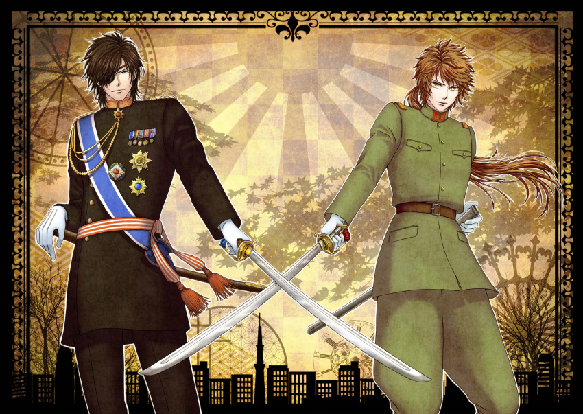 Safebooru - 2boys absurdres aiguillette black coat black pants blue eyes brown eyes brown hair ...