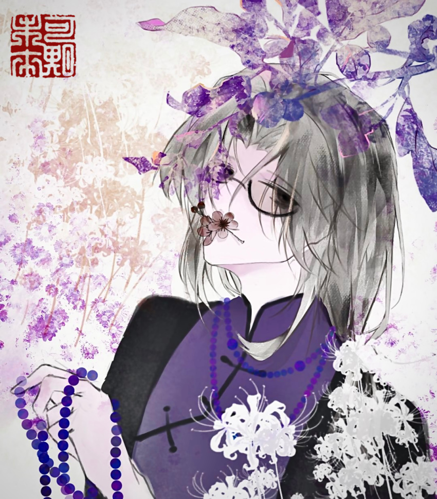 Safebooru - 1boy bead necklace beads black eyes black hair black jacket brown flower chinese ...