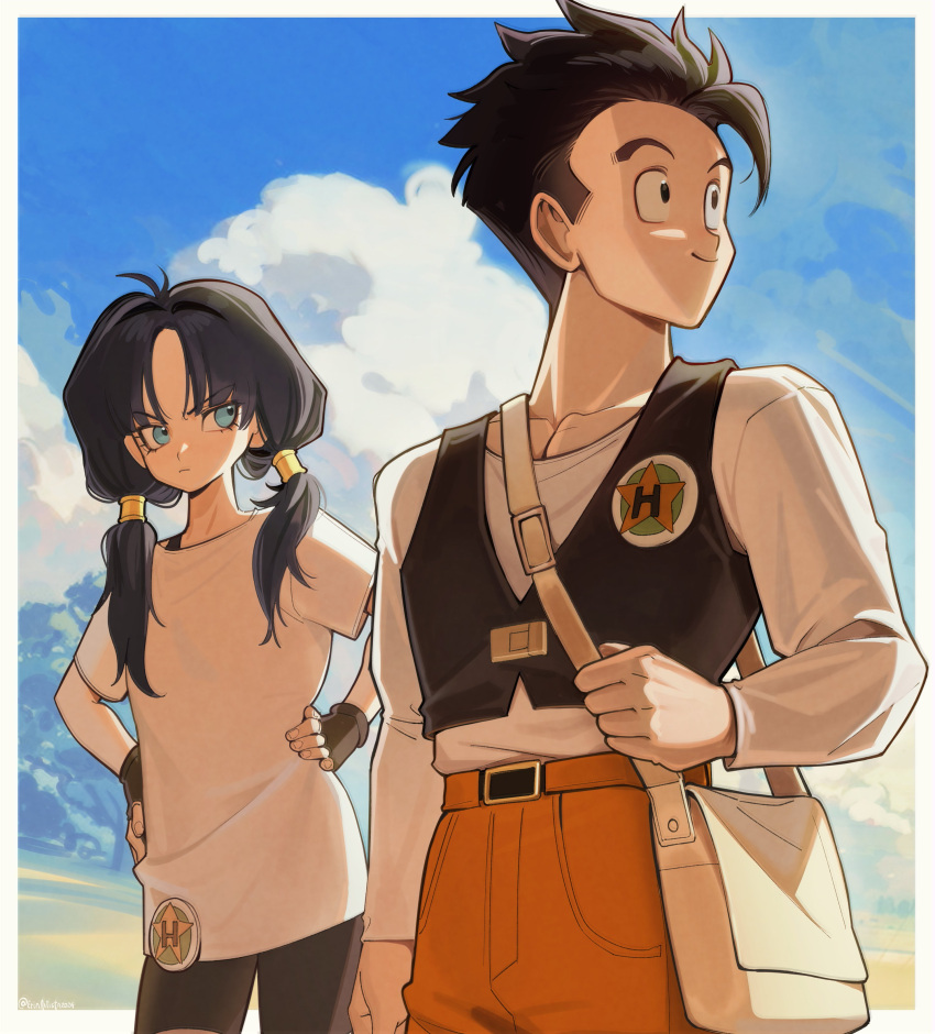 Safebooru - 1boy 1girl absurdres black hair black shorts black vest brown pants cowboy shot ...