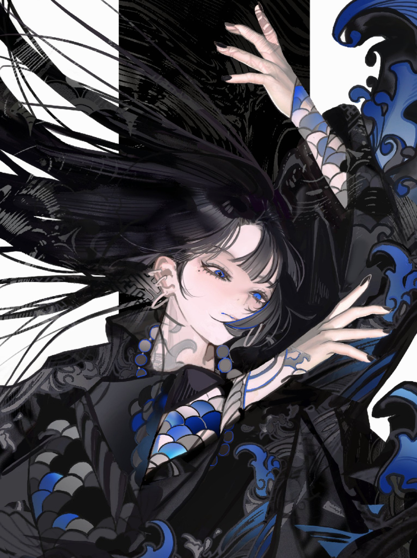 Safebooru - 1girl arm up black hair black nails blue eyes closed mouth commentary diamond-shaped ...
