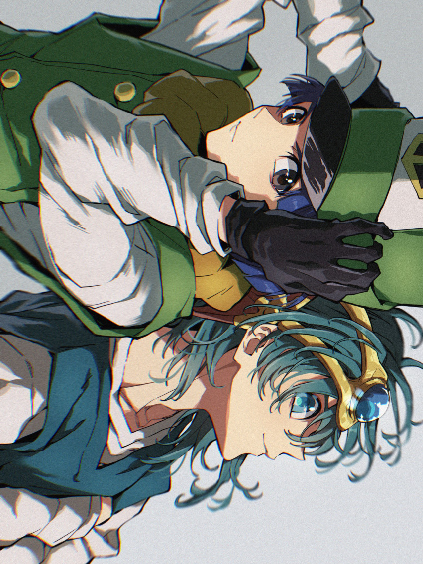 Safebooru - 2boys adjusting clothes adjusting headwear aqua eyes aqua ...