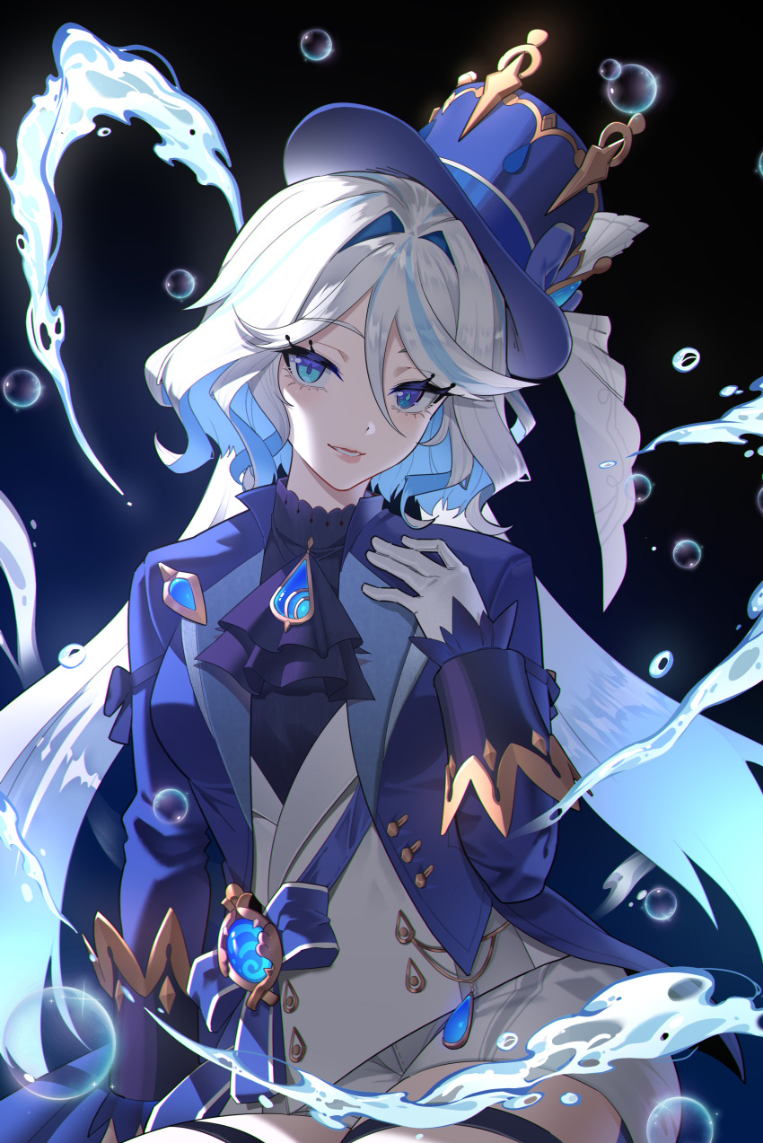 Safebooru - 1girl absurdres ahoge ascot black gloves blue ascot blue brooch blue eyes blue hair ...