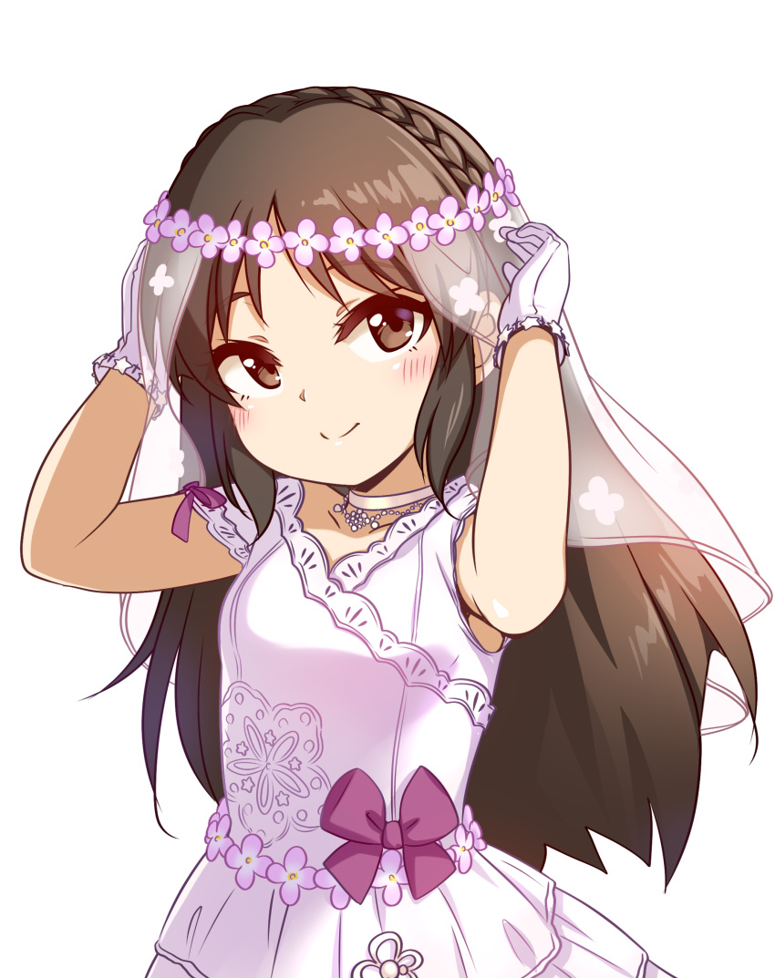Safebooru - 1girl absurdres arms up blush bow braid breasts bridal veil brown eyes brown hair ...