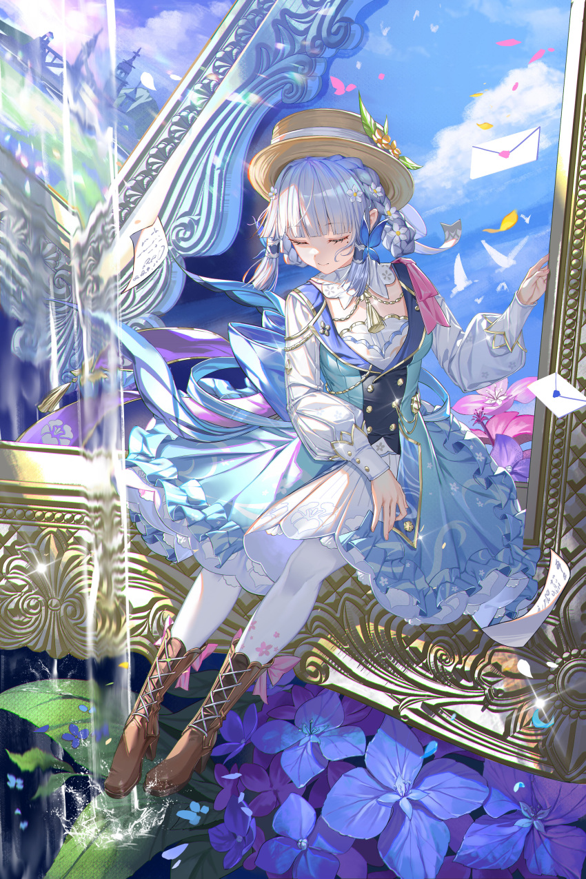 Safebooru - 1girl absurdres al guang blue dress blue hair blue sky blunt tresses boots braid ...