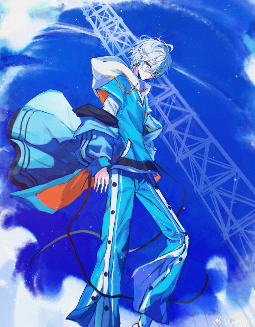 Safebooru - 1boy absurdres blue eyes blue jacket blue pants blue sky closed mouth commentary ...