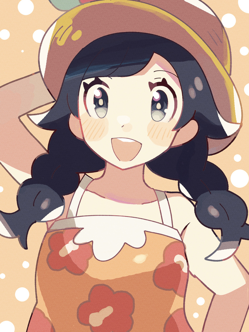 Safebooru - 1girl :d anidler91 arm behind head arm up bare shoulders ...