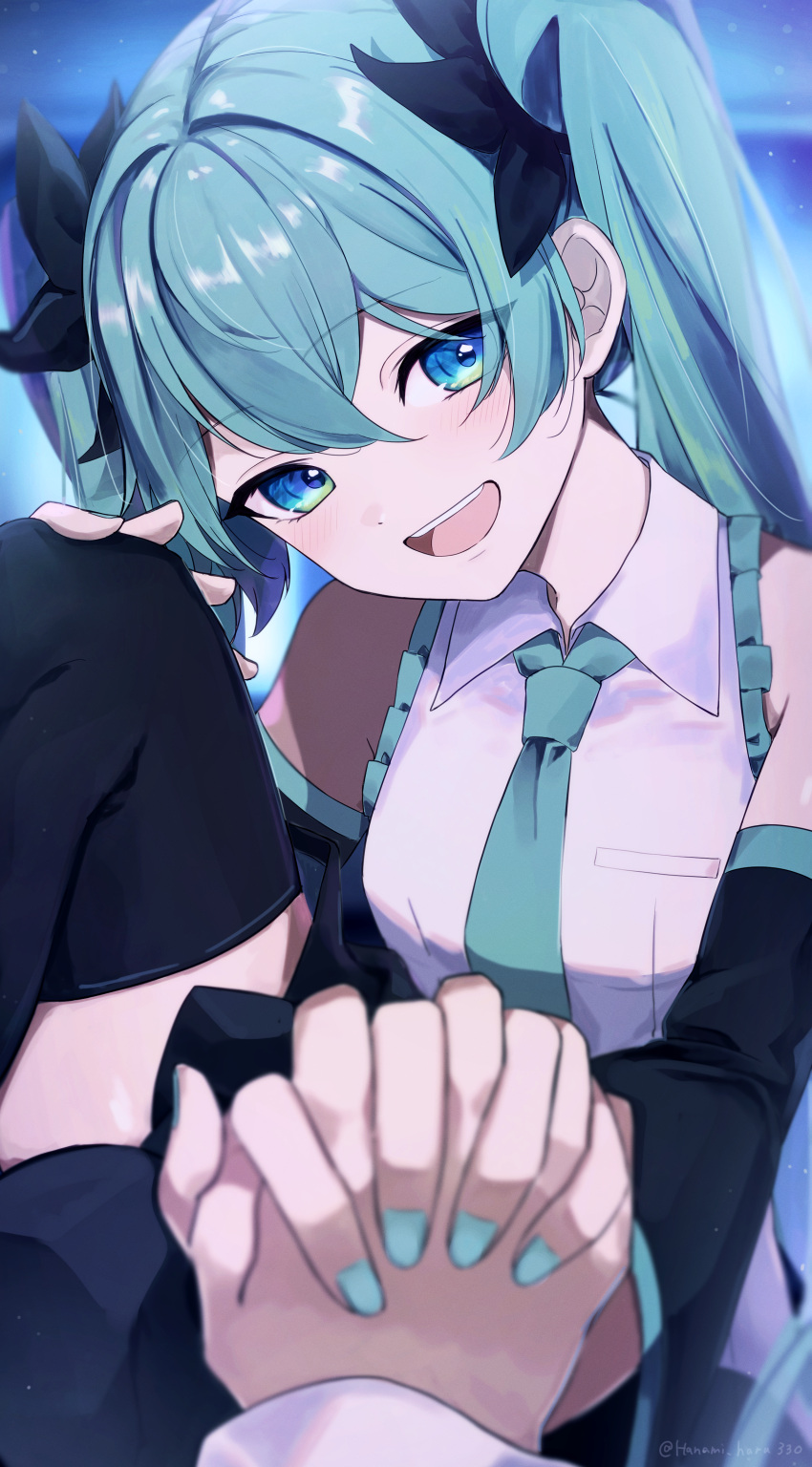 Safebooru - 1girl :d absurdres aqua hair aqua nails aqua necktie black sleeves blue eyes ...