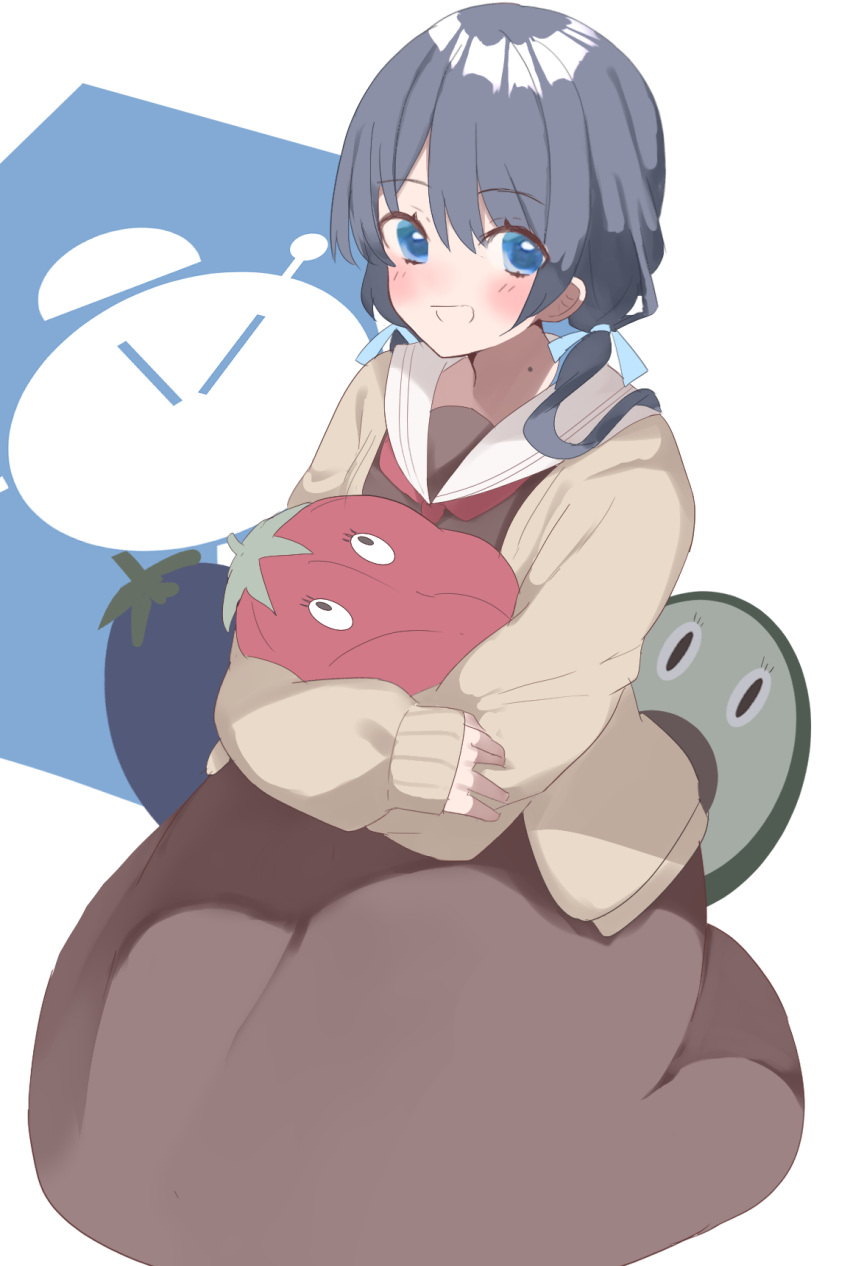 Safebooru - 1girl :d blue eyes blue hair blue ribbon blush brown ...