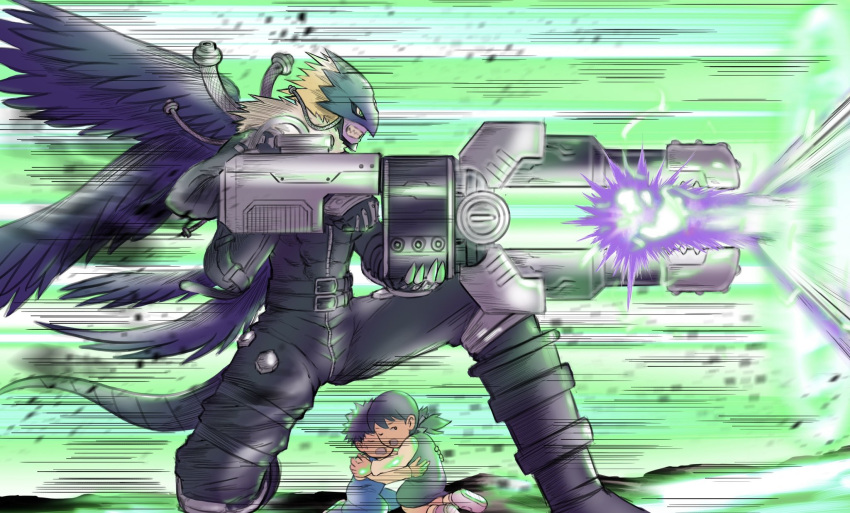 Safebooru - 1girl 2boys ai (digimon tamers) arm cannon beelzebumon blast mode black jacket black ...