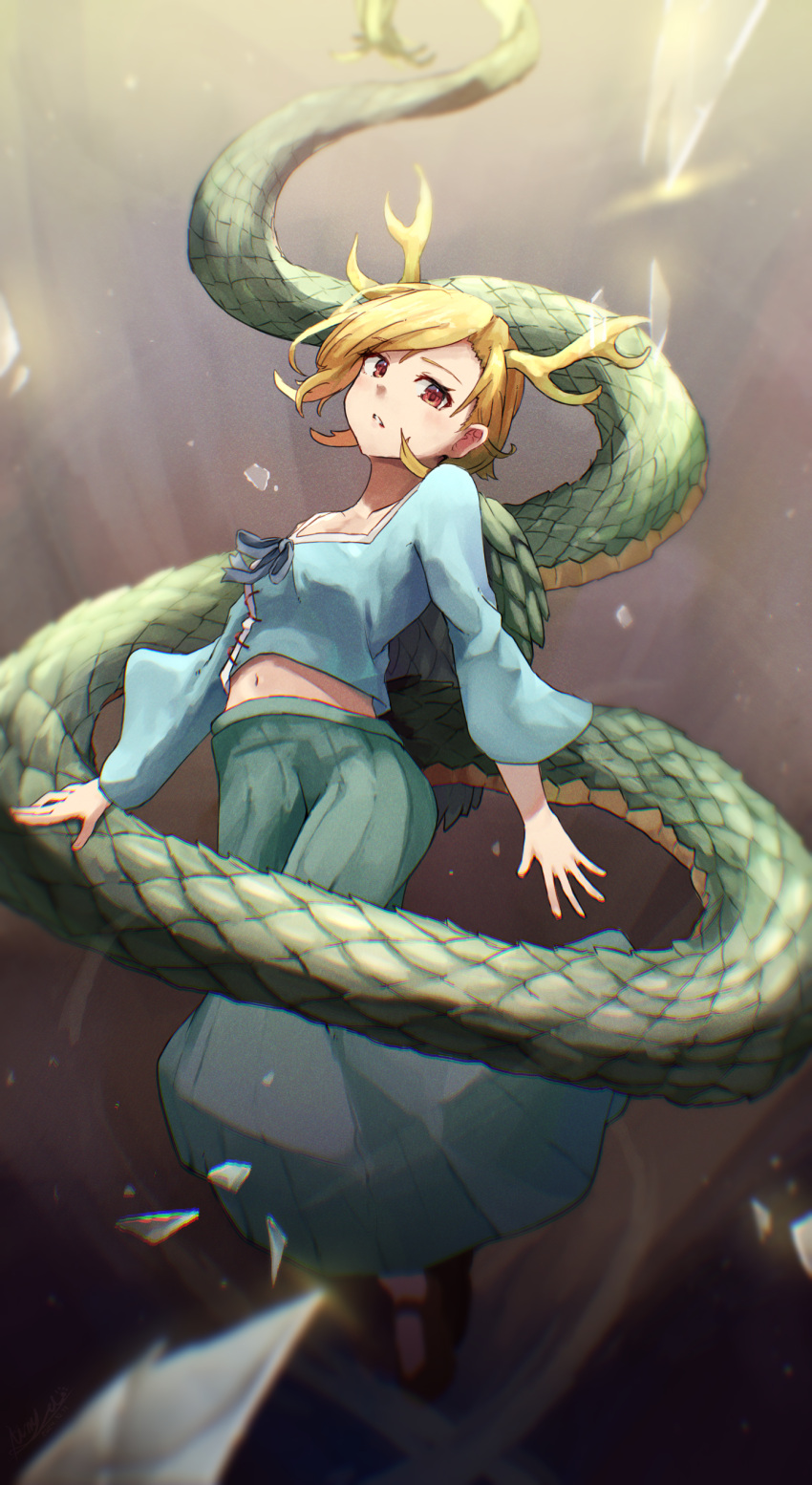Safebooru - 1girl absurdres antlers blonde hair blue shirt breasts dragon girl dragon horns ...