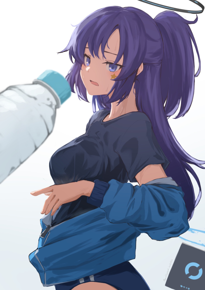 Safebooru - 1girl black halo black shirt blue archive blue buruma blue eyes blue jacket bottle ...