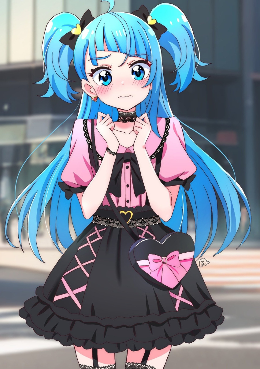 Safebooru - 1girl black choker black ribbon blue eyes blue hair blush choker cure sky dress ...