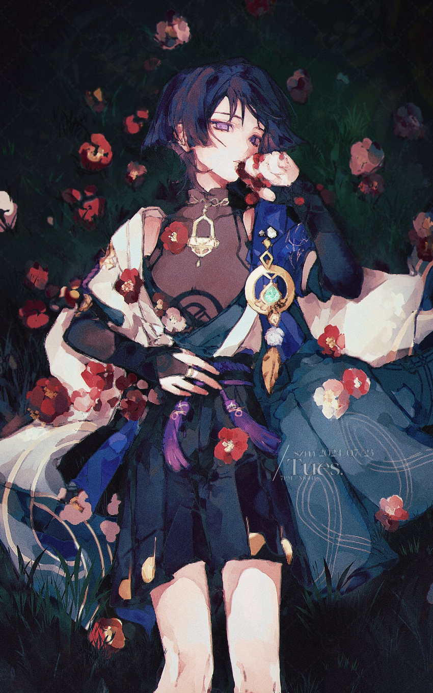 Safebooru - 1boy anemo symbol (genshin impact) aqua gemstone aqua kimono armor belt black belt ...