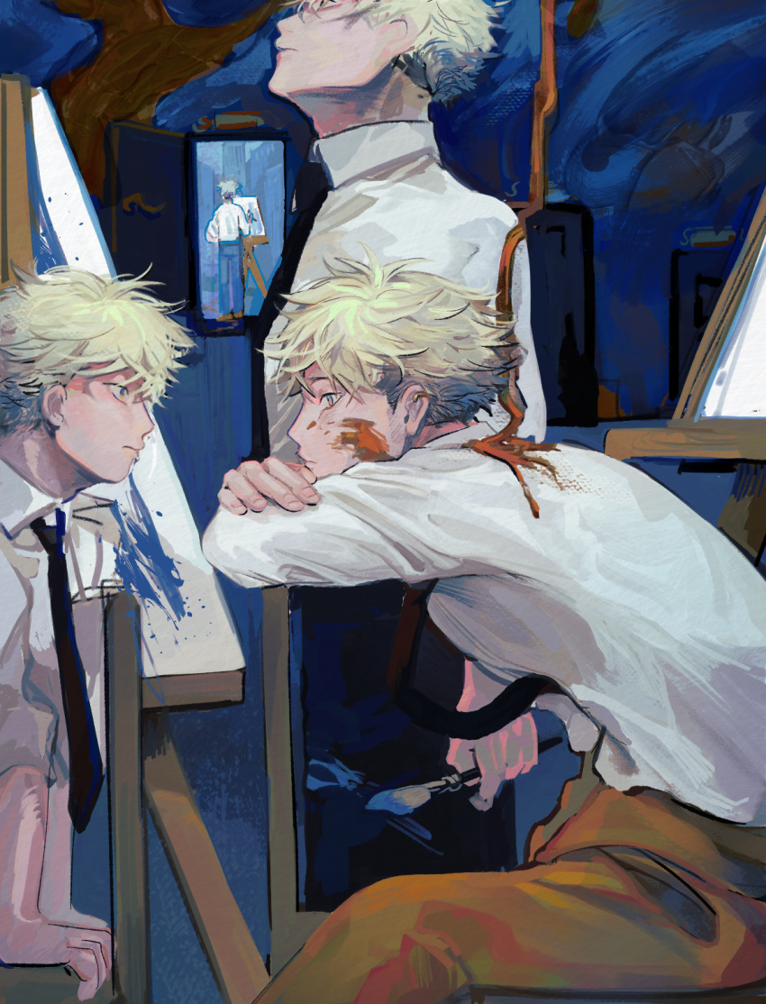 Safebooru - 2022 3boys blue period canvas (object) easel hands on own ...