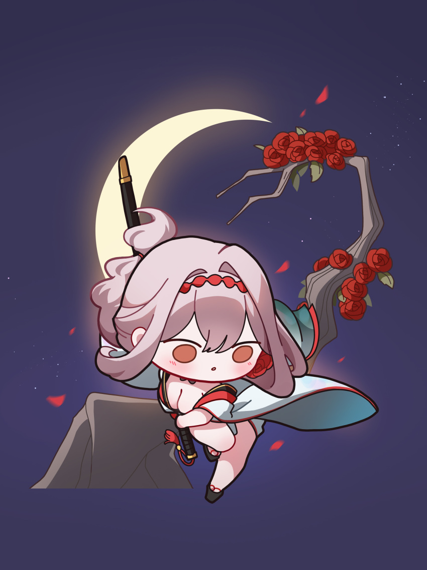 Safebooru - 1girl absurdres blue kimono chibi crescent moon flower ...