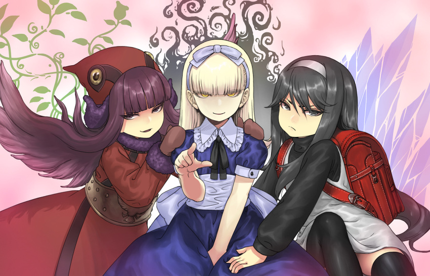 Safebooru - 3girls alice (megami tensei) artist request backpack bad link bag bird hood black ...