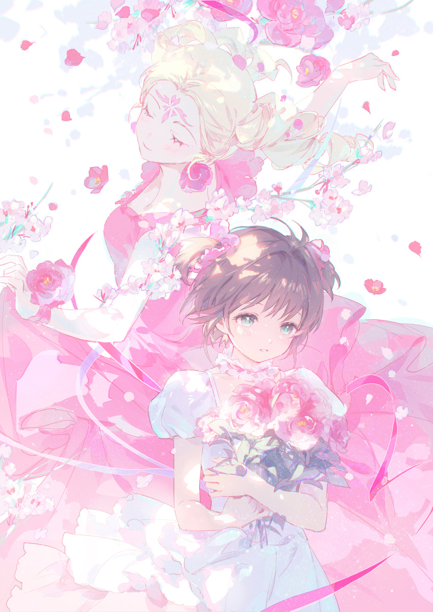Safebooru - 2girls absurdres balabling bare arms blonde hair blush bouquet branch brown hair ...