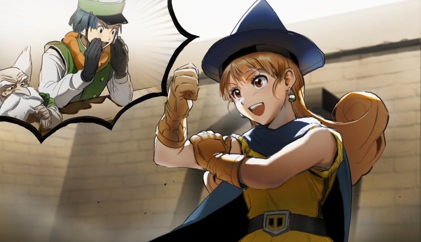 Safebooru - 1girl 2boys :d alena (dq4) aqua hair balding beard black ...