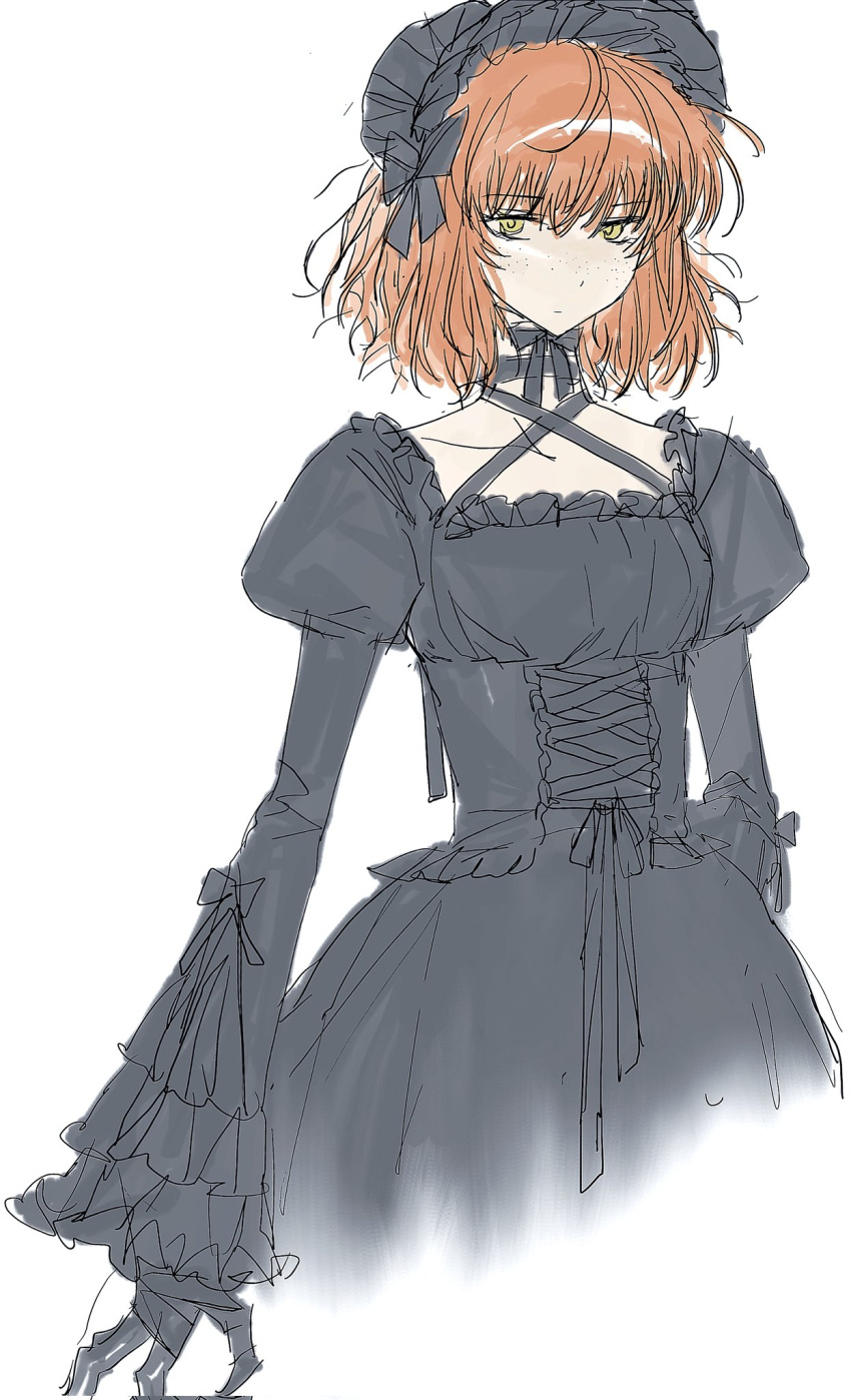Safebooru - 1girl :/ arm ribbon black bow black choker black corset black dress black headdress ...