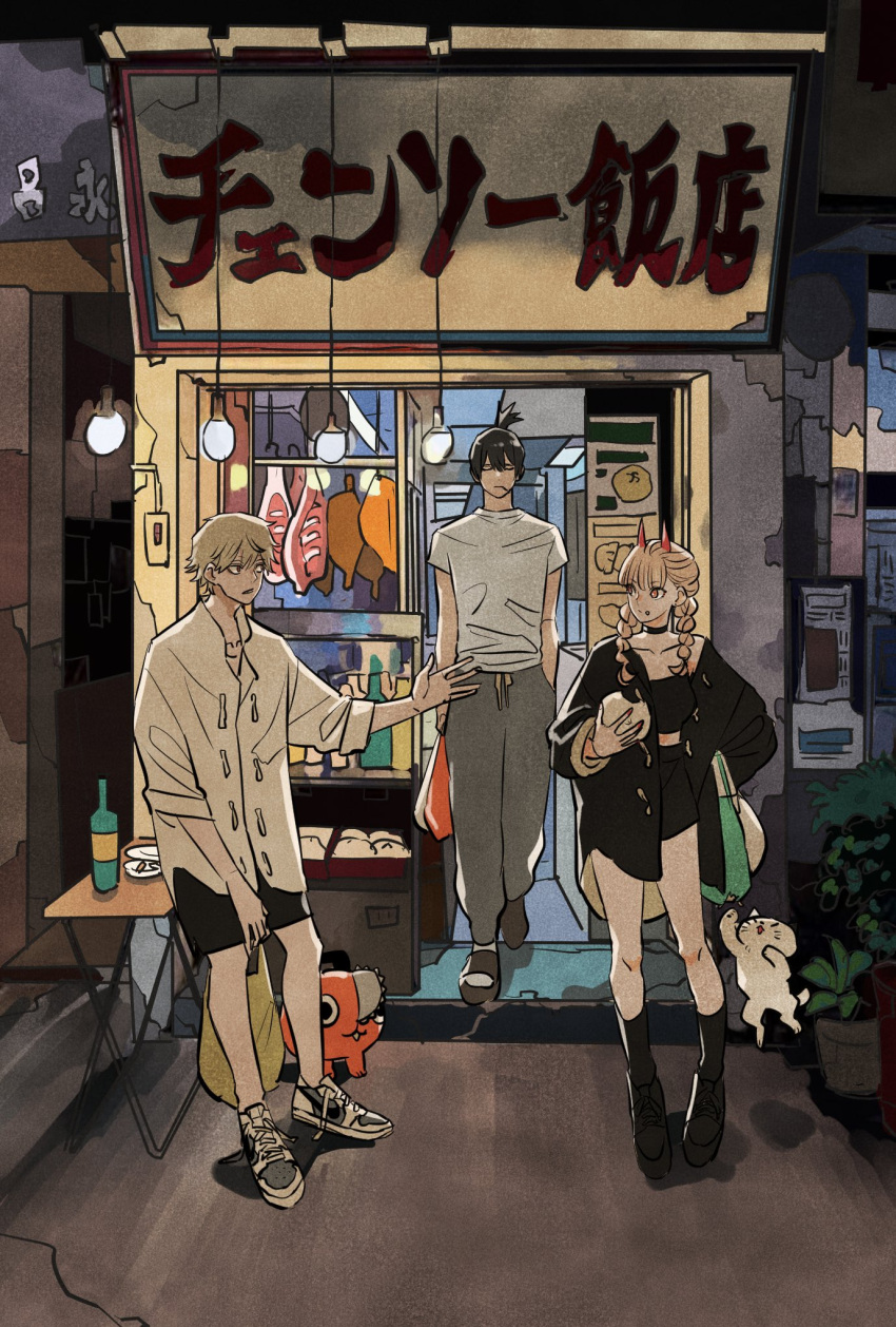 Safebooru - 1girl 2boys animal black hair black shorts blonde hair blunt bangs boots braided ...