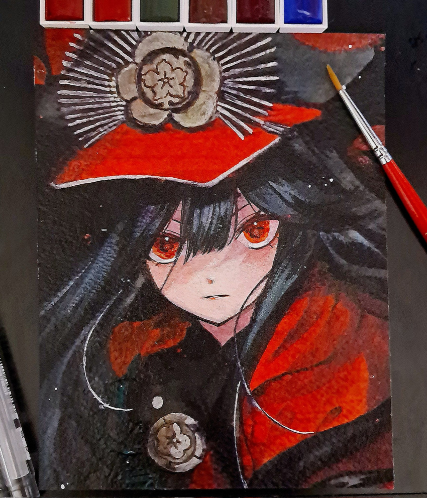 Safebooru - 1girl art tools in frame black hair cape commentary request ...