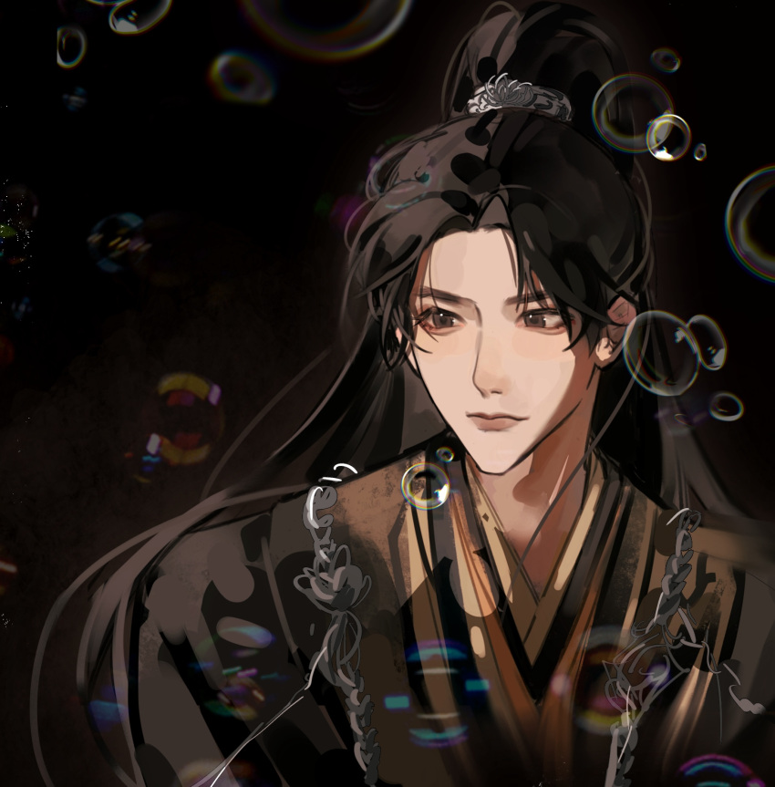 Safebooru - 1boy bei (xhs 5662508926) bishounen black background black eyes brown hair brown ...