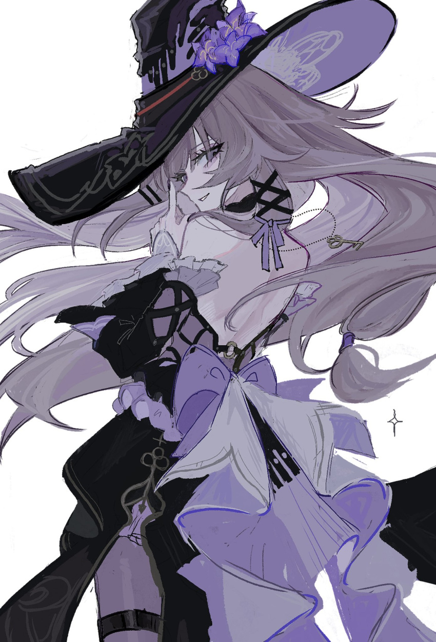 Safebooru - 1girl black dress black hat brown hair detached sleeves dress floating hair flower ...