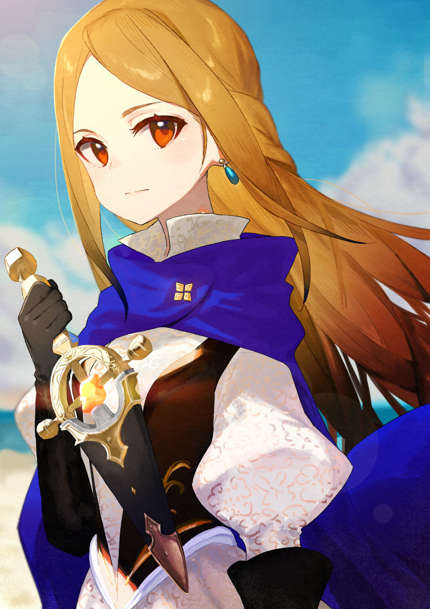 Safebooru - 1girl absurdres black gloves black vest blonde hair blue cape blue sky bravely ...