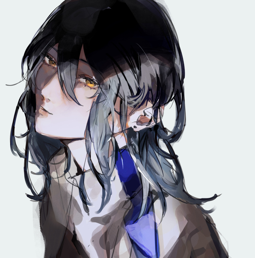 Safebooru - 1girl absurdres black hair closed mouth commentary request earrings grey background ...