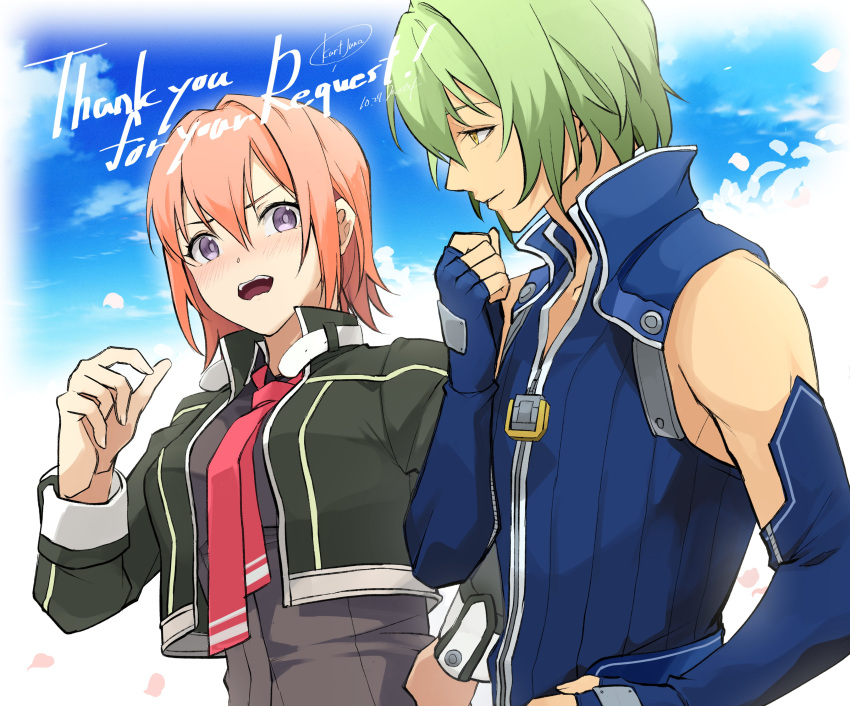 Safebooru - 1boy 1girl absurdres blue sky blush brown hair clouds commentary commission eiyuu ...