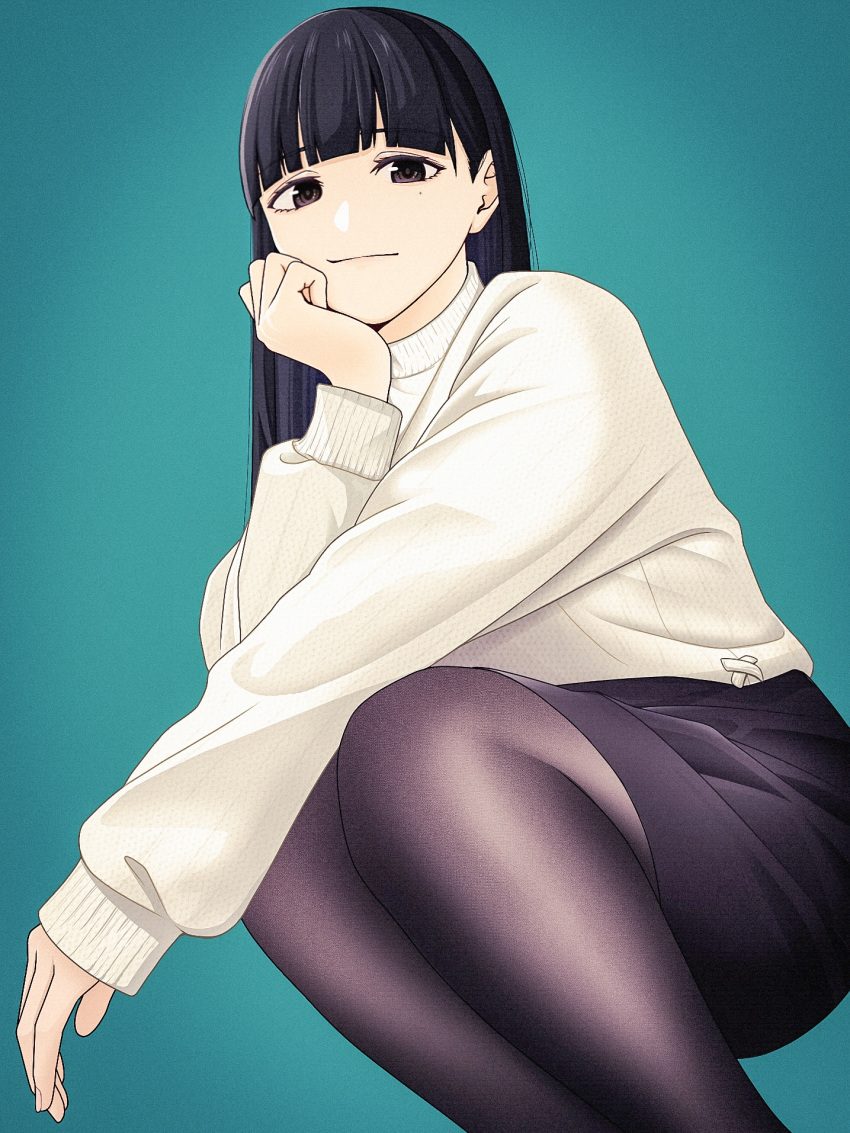 Safebooru - 1girl black eyes black hair black pantyhose black skirt blunt bangs commentary ...