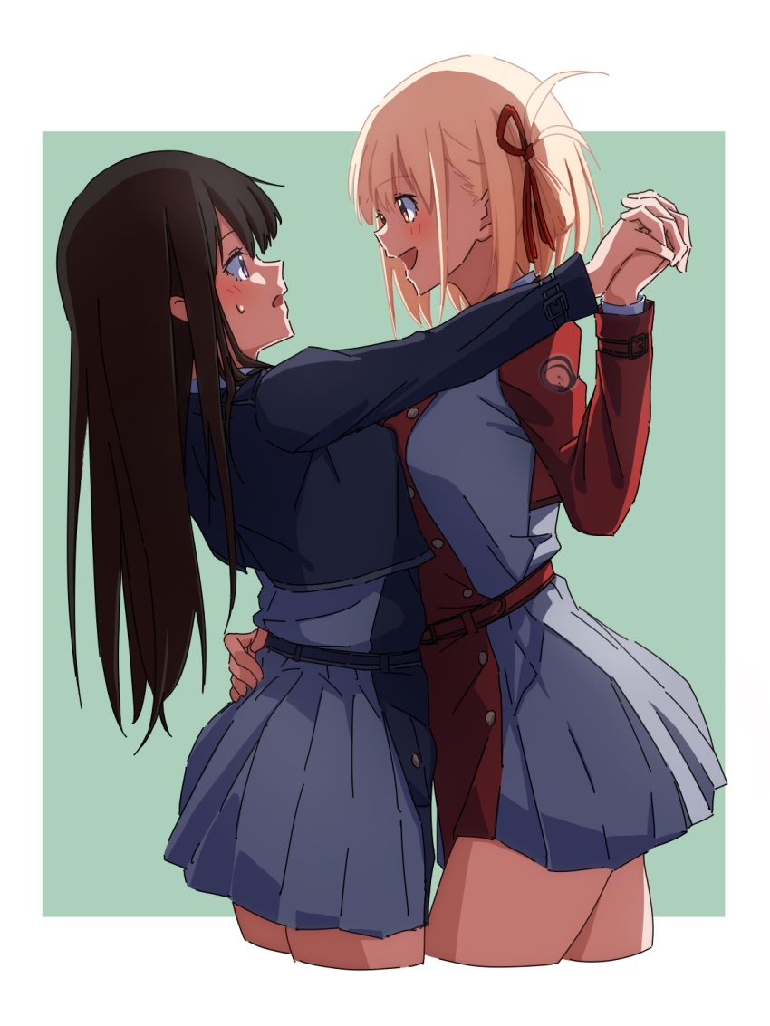 Safebooru - 2girls belt black hair blonde hair blue belt blue dress blush border brown eyes ...