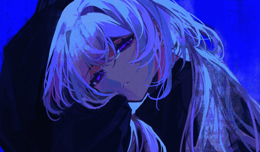 Safebooru - 1girl black shirt blue background blue eyes hair between eyes highres long hair long ...