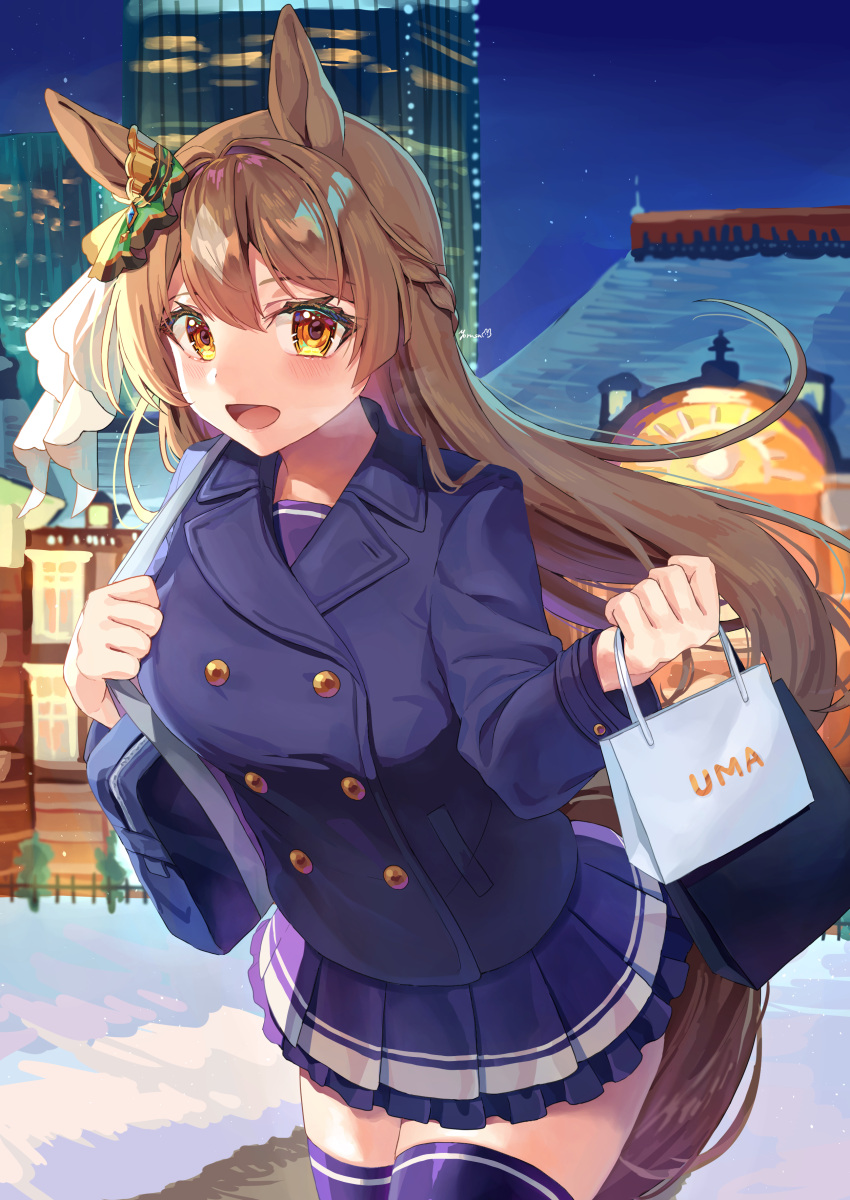 Safebooru - 1girl absurdres animal ears bag blush brown eyes building commentary request hair ...