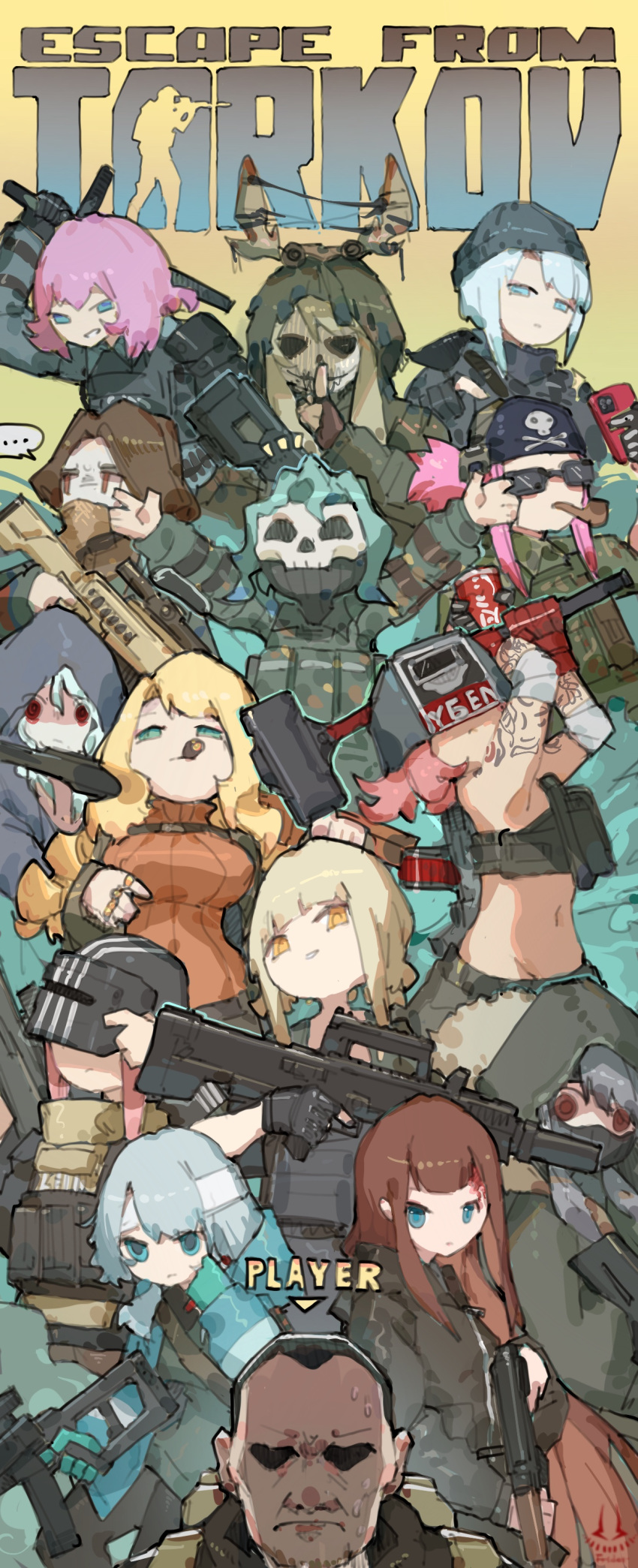 Safebooru - 1boy 6+girls absurdres altyn helmet ash-12 assault rifle ...