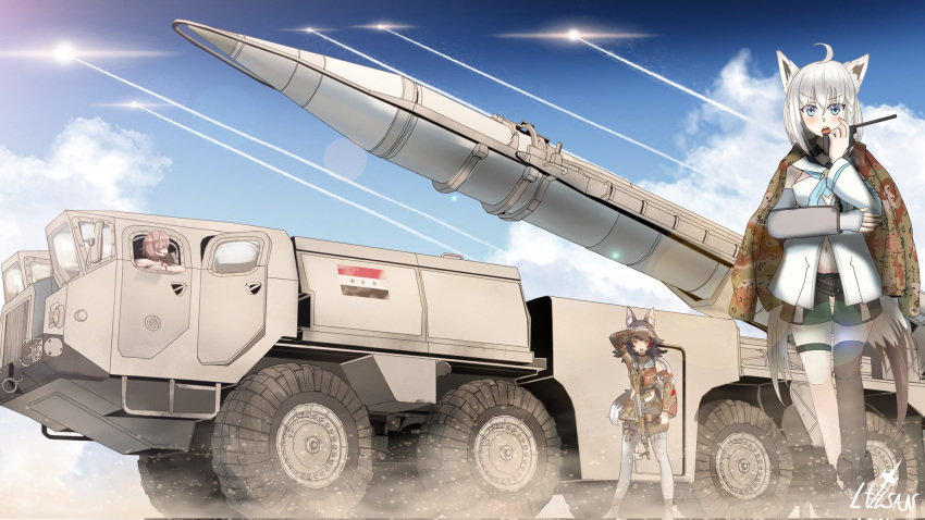 Safebooru - 3girls ahoge ak-47 animal ears assault rifle asymmetrical legwear black shorts blue ...